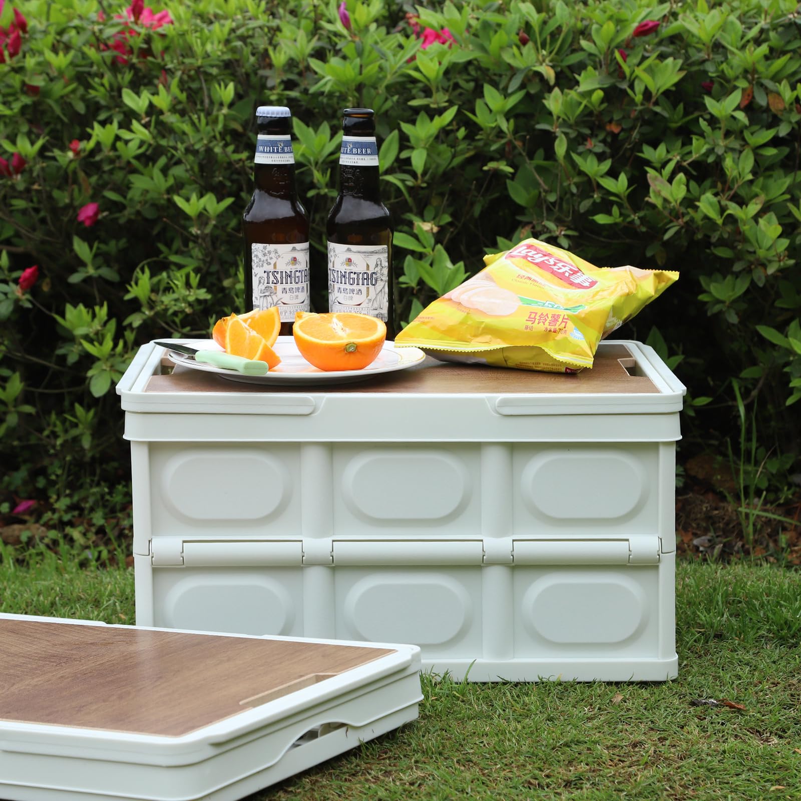 CAIHECAI Camping Storage Box with Lids Collapsible and Stackable with Table Top For Camping,Home,Office,closet,Garage,Totes,Trunk(White)
