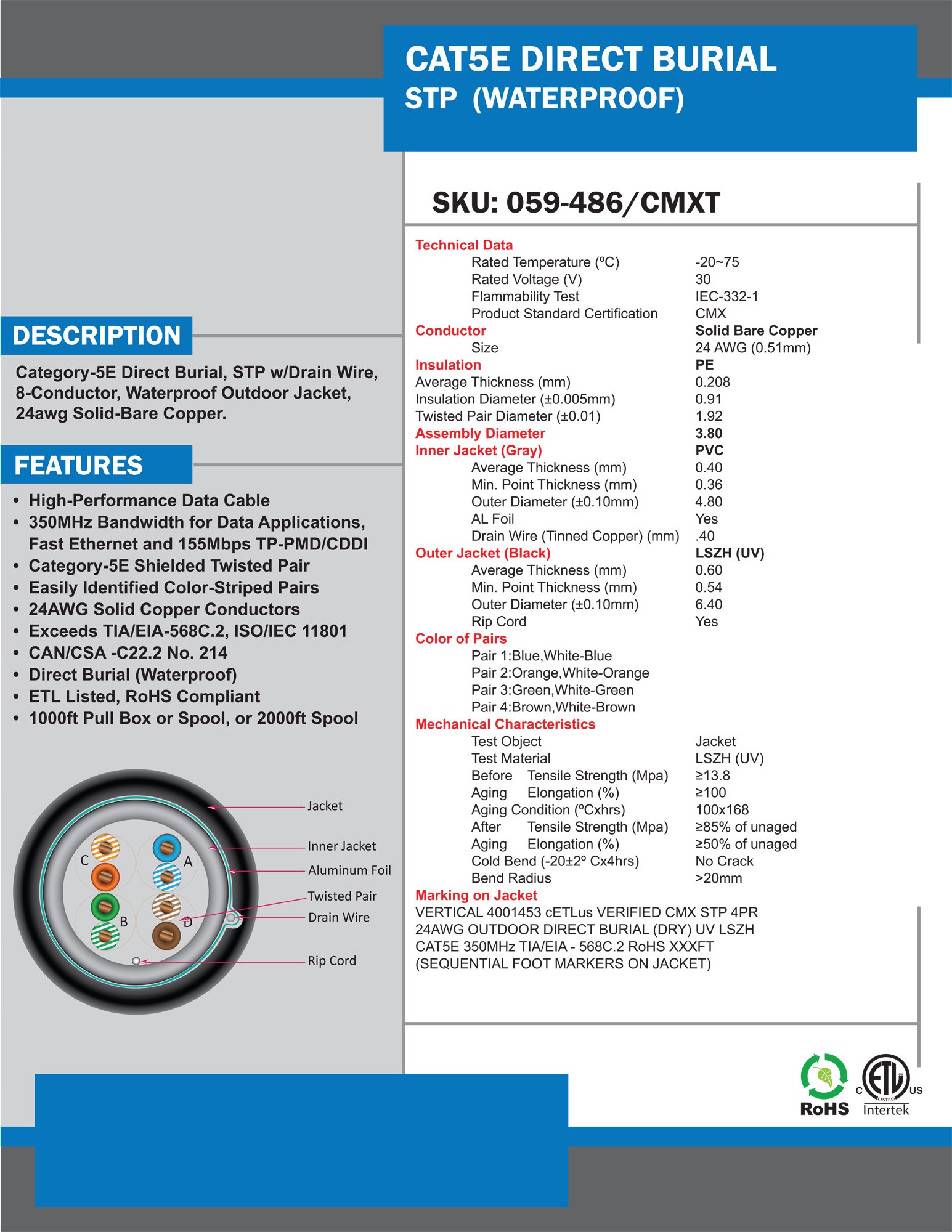 Vertical Cable CAT5E, Shielded Dual Jacket, Direct Burial, 1000ft, Black, Bulk Ethernet Cable