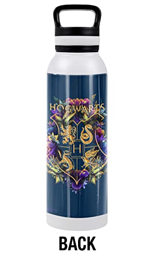 Harry Potter OFFICIAL Hogwarts Multi-Colored Floral Crest 24 oz Insulated Canteen Water Bottle, Leak Resistant, Vacuum Insulated Stainless Steel with Loop Cap, White