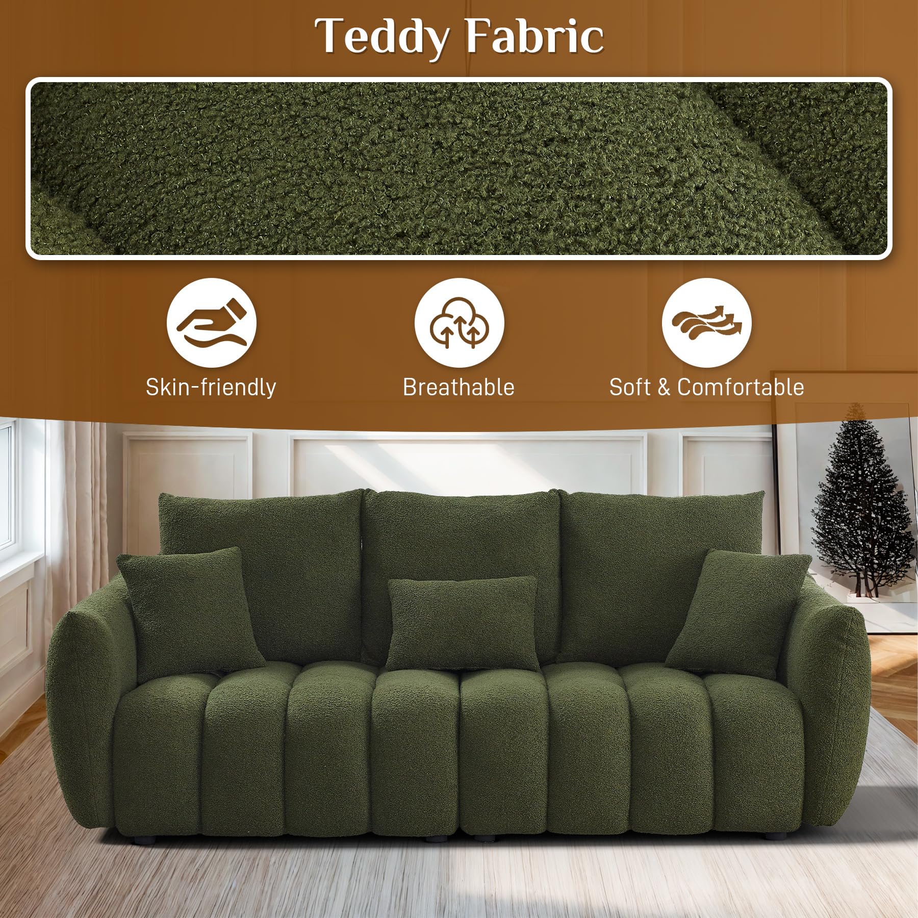Wrofly 82" Teddy Cloud Sofa Couch, Comfy Upholstered Sherpa Deep Seat Boucle Sofa, Cozy Modern 3 Seater Couch with 3 Pillows, Oversized Loveseat for Living Room Apartment Office, Olive Green