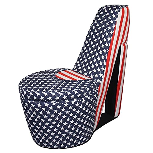 HomeRoots American Flag Wood/Faux Suede Red White and Blue Patriotic Print 1 High Heel Shoe Storage Chair