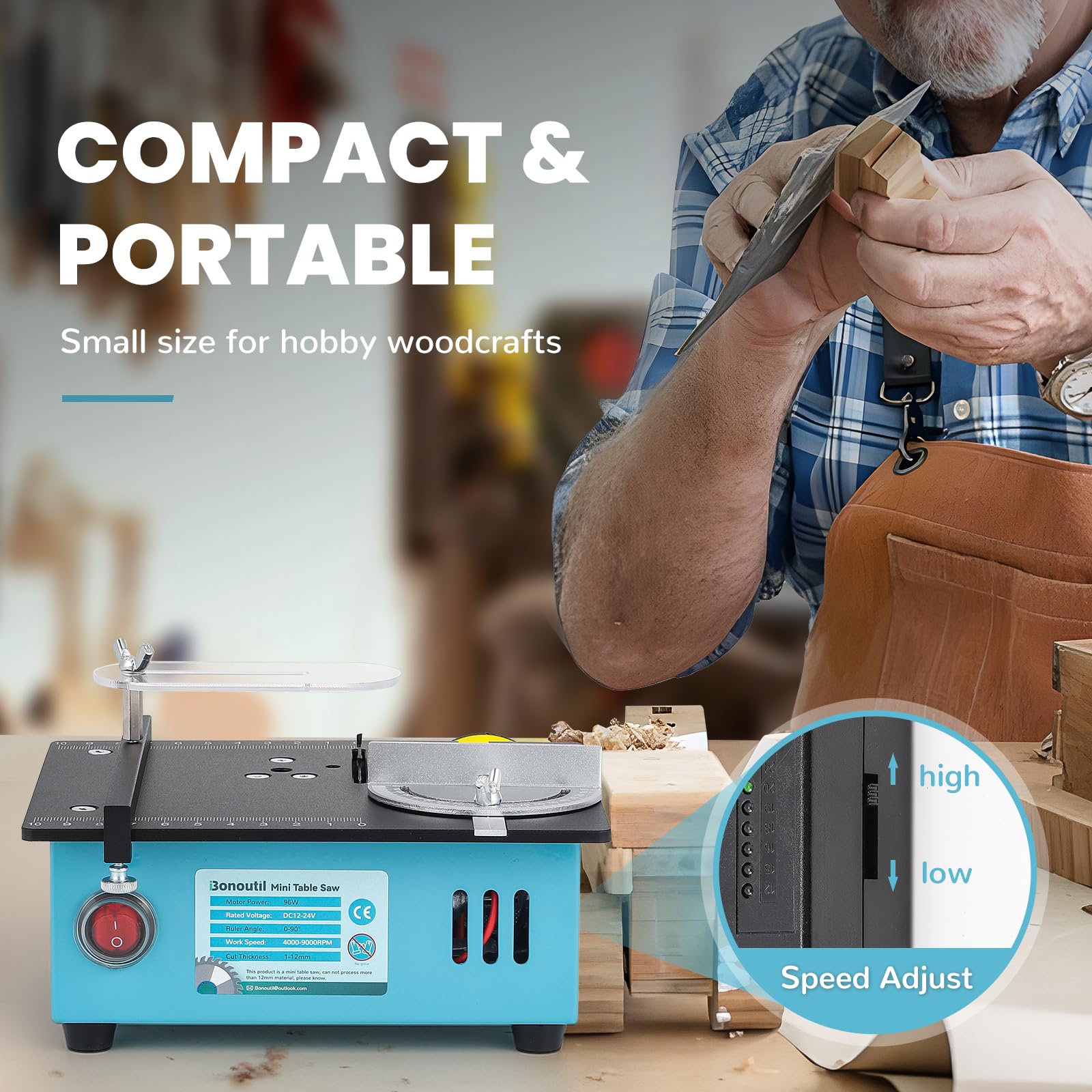Bonoutil Mini Table Saw, 96W Dual Motor Control 4 Saw Blades Set Cut Thickness 12MM 0-90° Adjust Small Table Saw for Hobby DIY Model Wood Cutting
