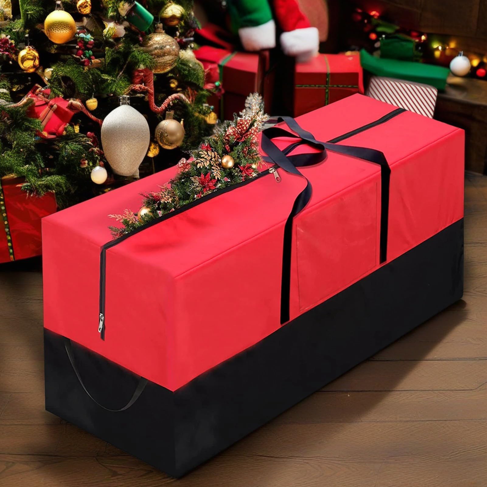 Christmas Tree Storage Bag, Fits Up 10 Ft Tall Artificial Trees-Heavy Duty Holiday Storage Box with Durable Reinforced Handles & Zipper & Transparent Pocket- 600D Oxford Tree Storage Container, Red