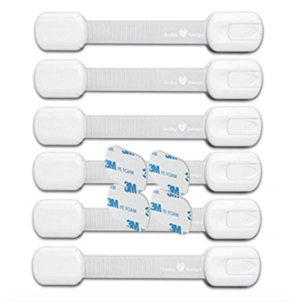 BabyKeeps Child Safety Locks - Latches to Baby Proof Cabinets, Drawers, Appliances - No Drilling - Plus Extra 3M Adhesive Included - Adjustable Length - 6 Pack, White