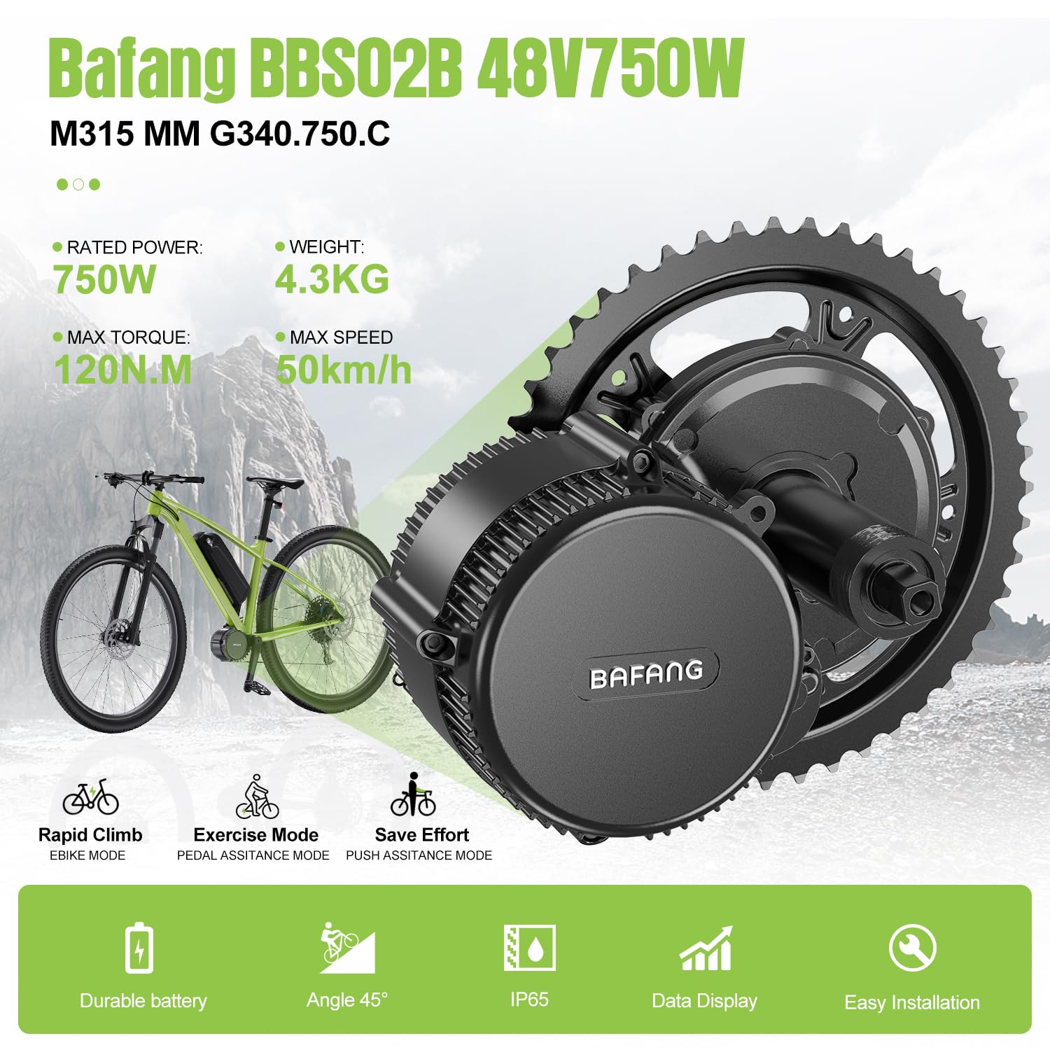 BAFANG BBS02B 48V 750W Ebike Motor with LCD Display 8fun Mid Drive Electric Bike Conversion Kit (850C Display, Motor kit+44T Chainring)