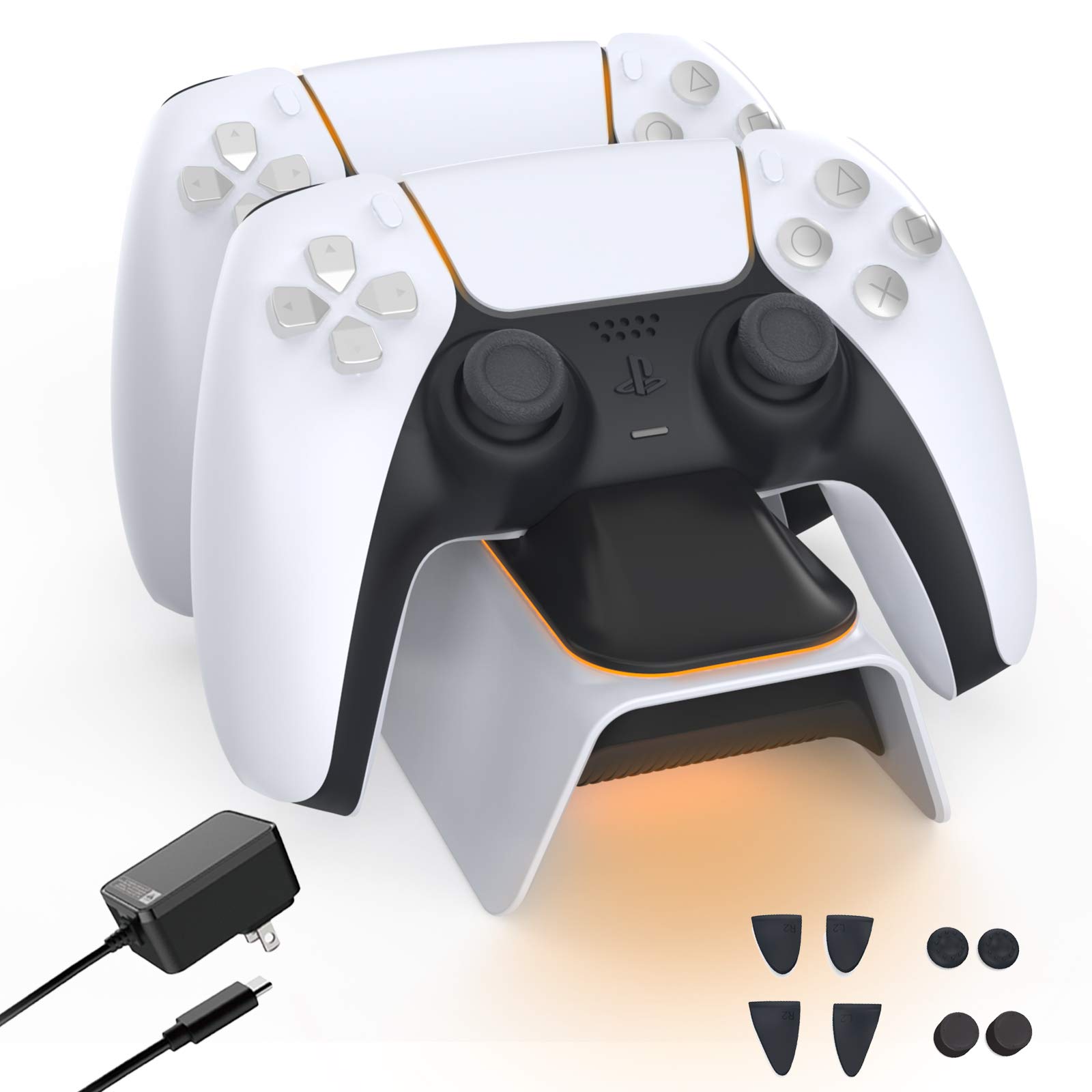 BEJOY PS5 Charging Station, Dual Type-C Controller Charger with Adapter and Trigger Kit, Fast Charging Dock with LED Indicator for Sony Playstation 5 DualSense, White