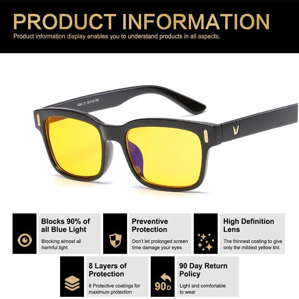Blue Light Blocking Glasses, Computer Reading/Gaming/TV/Phones Glasses, Anti Eyestrain & UV Glare/Filter Ray Lens, Sleep Better for Women Men - Yellow Lens
