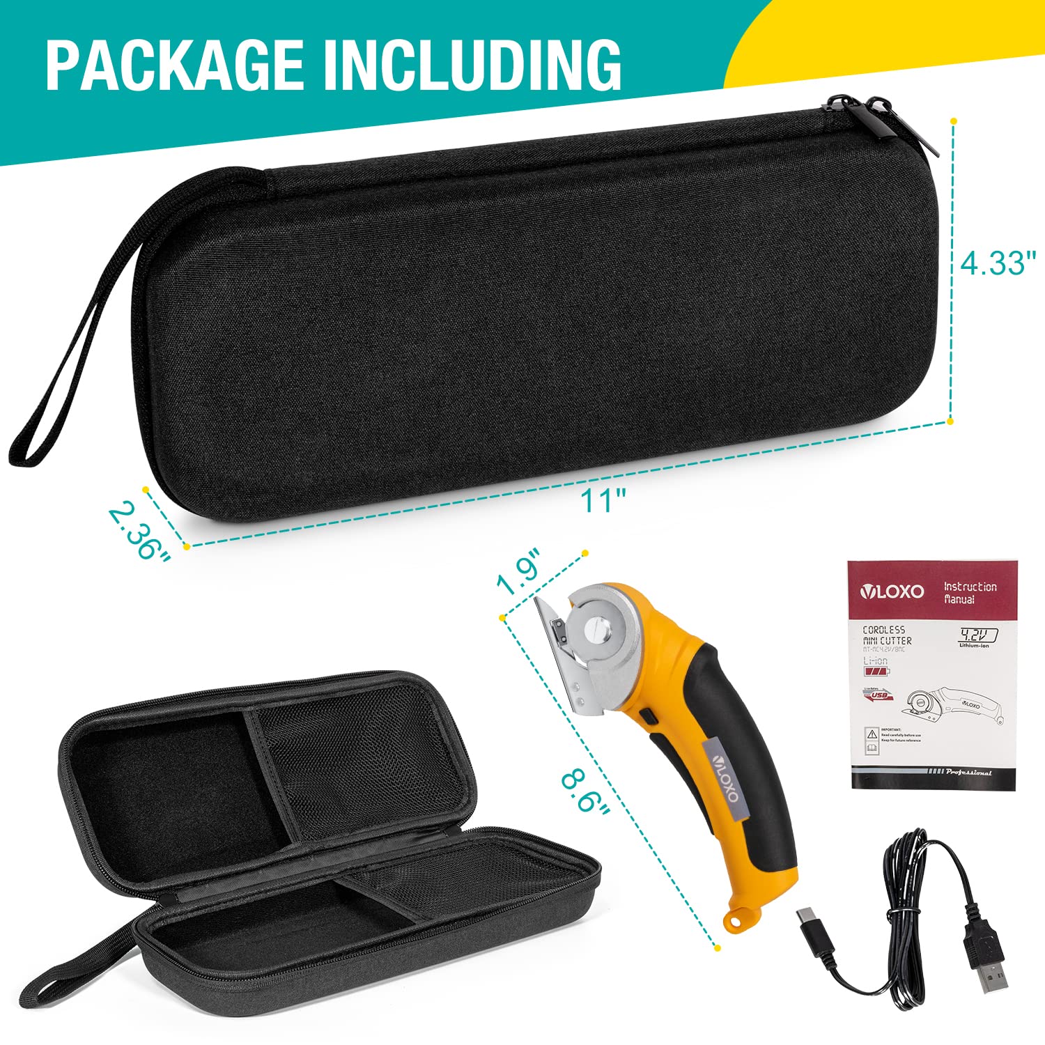 VLOXO Cordless Electric Scissors, Rotary Cutter for Fabric with Safety Lock, 4.2V Cardboard Cutter Multi-Cutting Tools, Rechargeable Powerful Fabric Cutter for Carpet Leather Felt with Storage Box