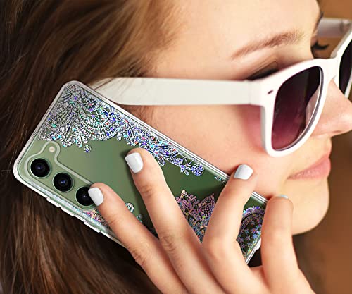 Coolwee Clear Glitter for Samsung Galaxy S23 Plus Case Thin Flower Slim Cute Crystal Lace Bling Sparkle Floral Hard Plastic Cover Back Soft TPU Bumper Protective Mandala Henna Anti Yellowing