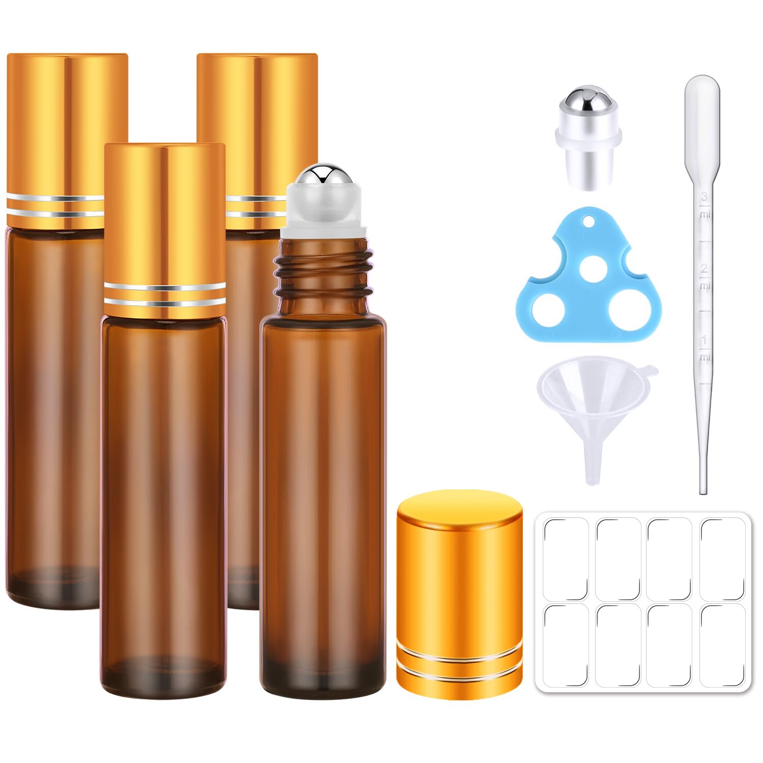 bofessor 4 Pack, Essential Oil Roller Bottles, Amber Glass Roller Balls for Essential Oils
