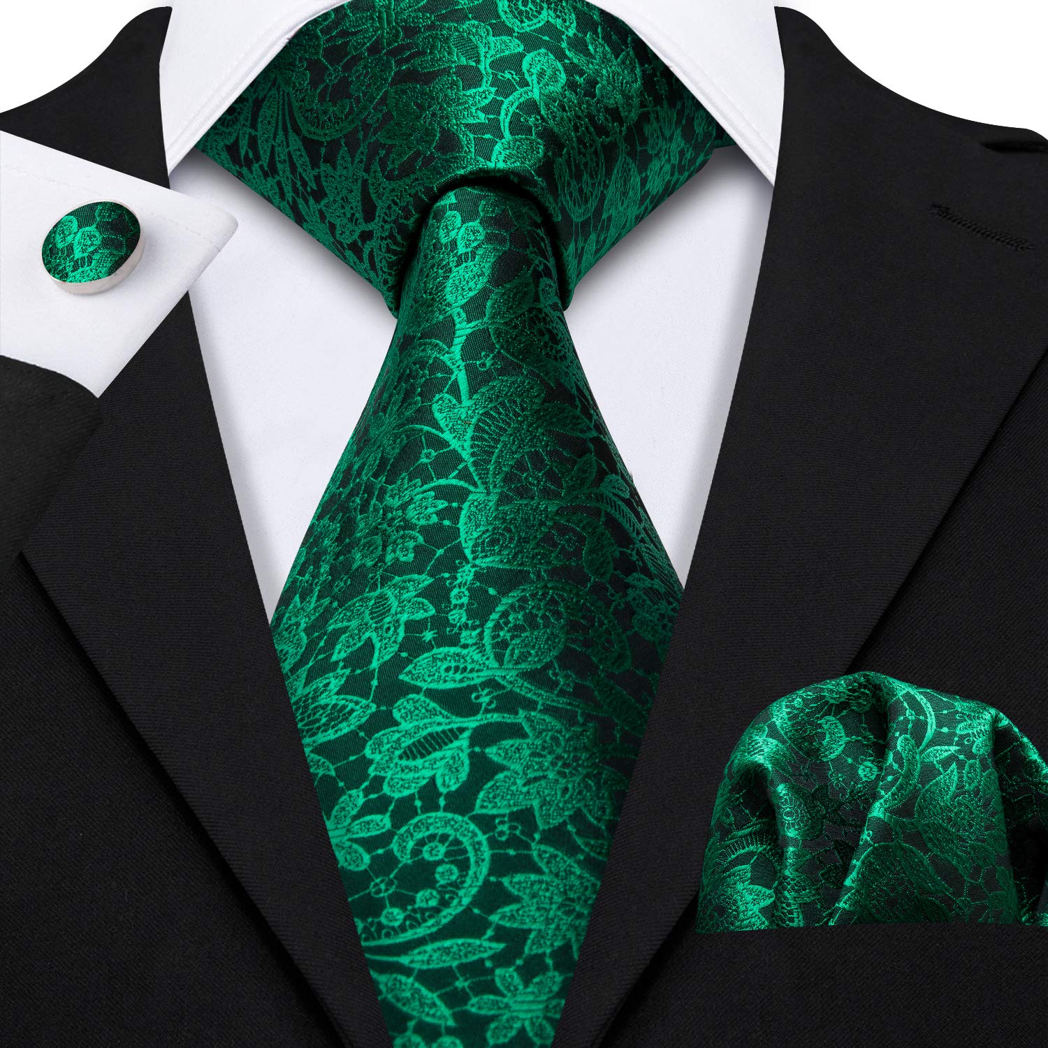 Barry.Wang Emerald Green Ties Silk Flower Paisley Necktie for Men Set Wedding St. Patrick's Day