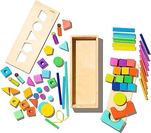 The Block Set by Lovevery – Solid Wood Building Blocks and Shapes + Wooden Storage Box, 70 Pieces, 18 Colors, 20+ Activities