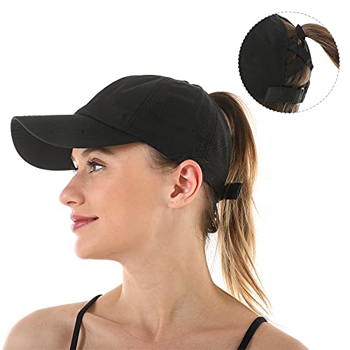 Bonvince Womens Criss Cross Ponytail Hat Quick Drying Baseball Cap Sun Hats UV Protection Sport Hat Black/White
