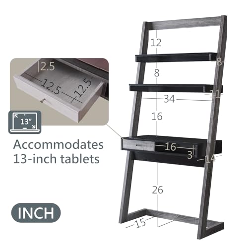 HOMES: Inside + Out Rexroad Wood Ladder Writing Desk with 1 Drawer and 3 Shelves-Versatile Kids Table, Wall-Mountable Leaning Design, Black and Distressed Gray