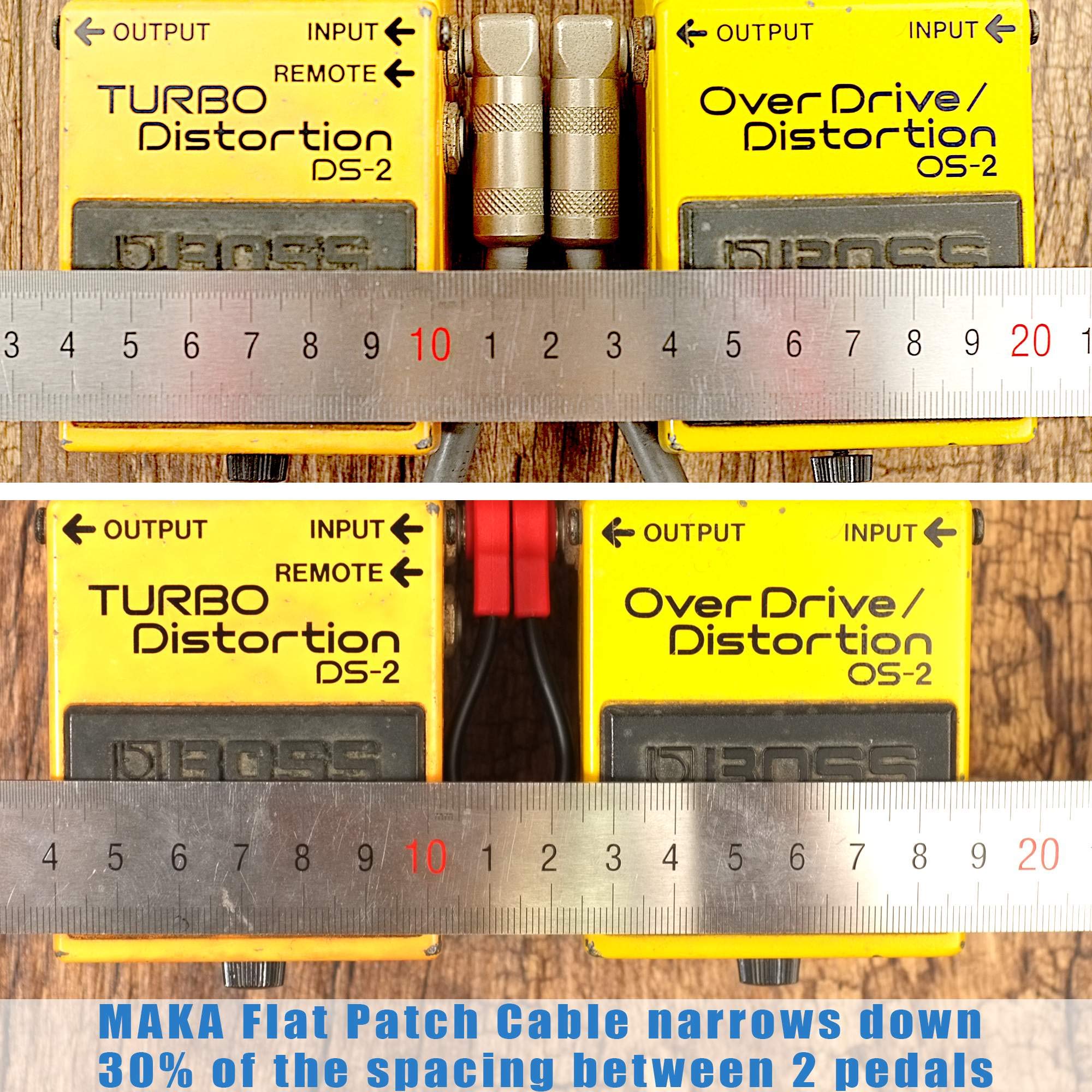 M MAKA Flat Low Profile Guitar Patch Cable 12 inch 1 Foot for Effects Pedals, 1/4 inch Right-Angle, Red, 3-Pack New Version