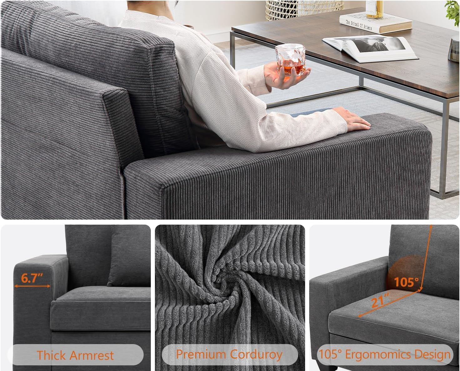 coucheta Couch for Living Room 83-inch Comfy Sofa Couch 3 Seater Couch Modern Sofa with Deep Seat for Bedroom Apartment Home Office (Corduroy),Grey