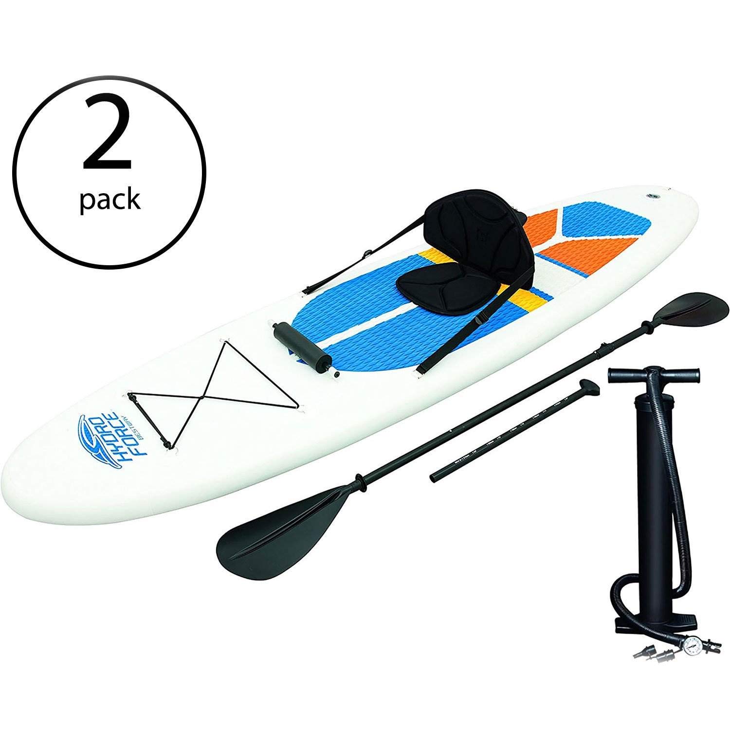 Bestway Hydro-Force White Cap 10 Foot Inflatable SUP Stand Up Paddle Board and Kayak w/Traction Pad, Backrest Seat, 3 Fins, and Aluminum Oar (2 Pack)