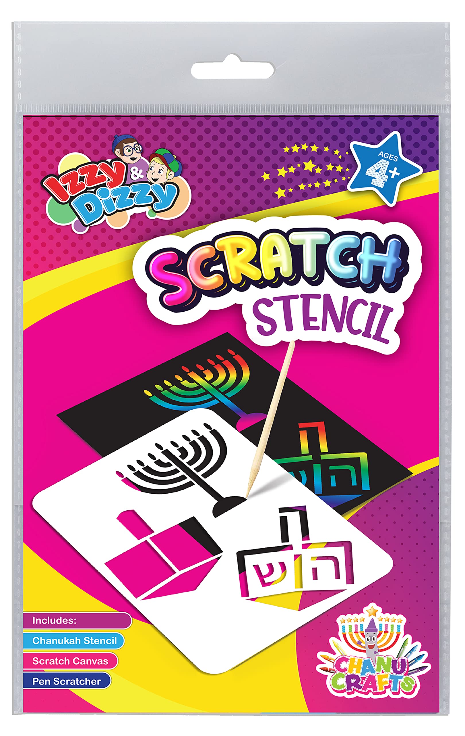 Izzy 'n' Dizzy Hanukkah Scratch Stencil Art Kit - 8" x 6" - Includes Sctatch Stick - Chanukah Arts and Crafts - Gifts and Games