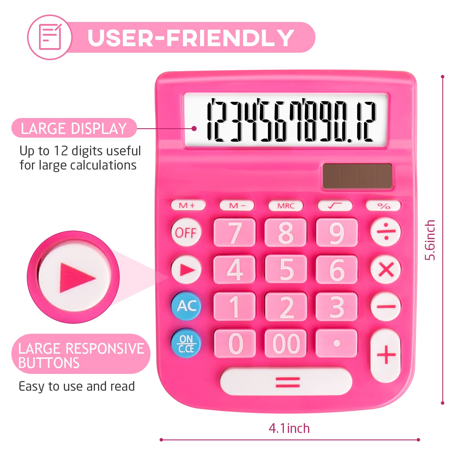 Calculators Desktop, Large Display Big Button, Solar and Battery Dual Power, 12 Digit Small Basic Standard Functional Calculator Cute for Office, Home, School (Pink)