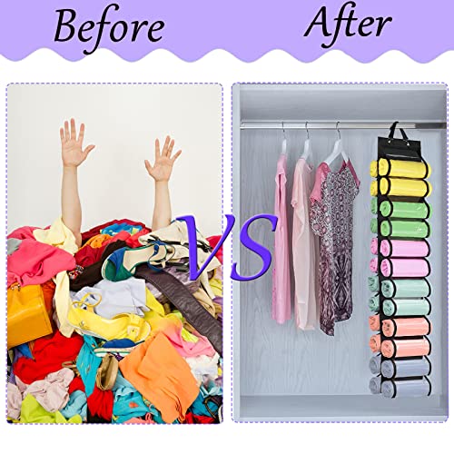 Legging Organizer Storage, T-Shirt Organizer, Foldable Hanging Closet Organizer, Hanging Clothes Organizer with 24 Roll Compartments for Yoga Clothes, Pants, Tank Top, Towel, Underwear, Shirt (Black)