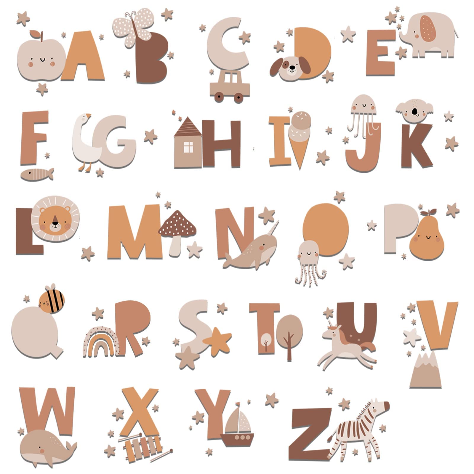 Boho Alphabet Wall Decals Removable Alphabet Letters Wall Sticker Peel and Stick Alphabet Wall Decals for Kids Nursery Bedroom Living Room Décor