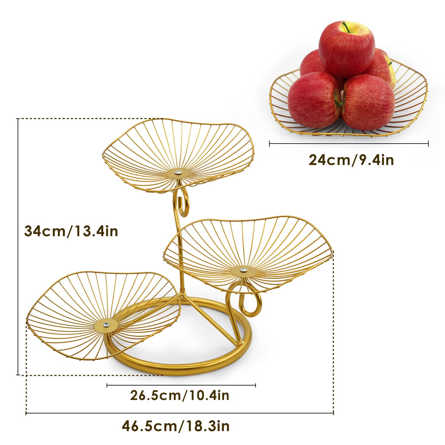 BUDO Metal Fruit Basket, 3-Tier Decorative Fruit Bowl, Wire Vegetables Snacks Metal Bowl Storage Trays Table Countertop, Modern Veggie Holder Stand for Home Kitchen Centerpiece, Gold