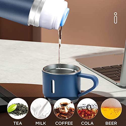 Coffee Thermos Stainless Steel Vacuum-Insulated Water Bottle, 500ml/16.9oz Insulated Bottle with Cup for Hot & Cold Drink Travel Mug (Blue, Three Cup)