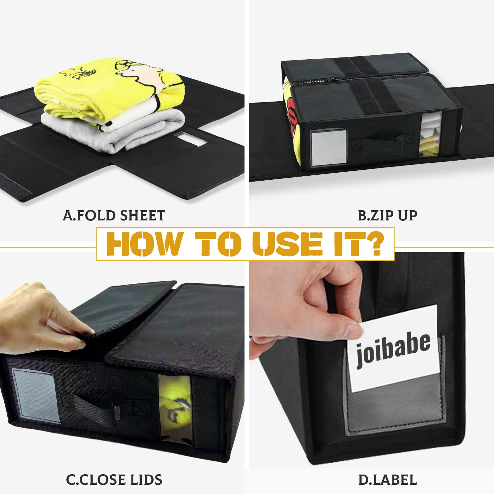 joibabe Bed Sheet Organizer and Storage, Bed Sheet Folder Organizer (Queen and King Size), 600D Oxford Cloth Storage Box for Bed Sheets, Duvet and Pillowcases (BLACK, 2PACK)