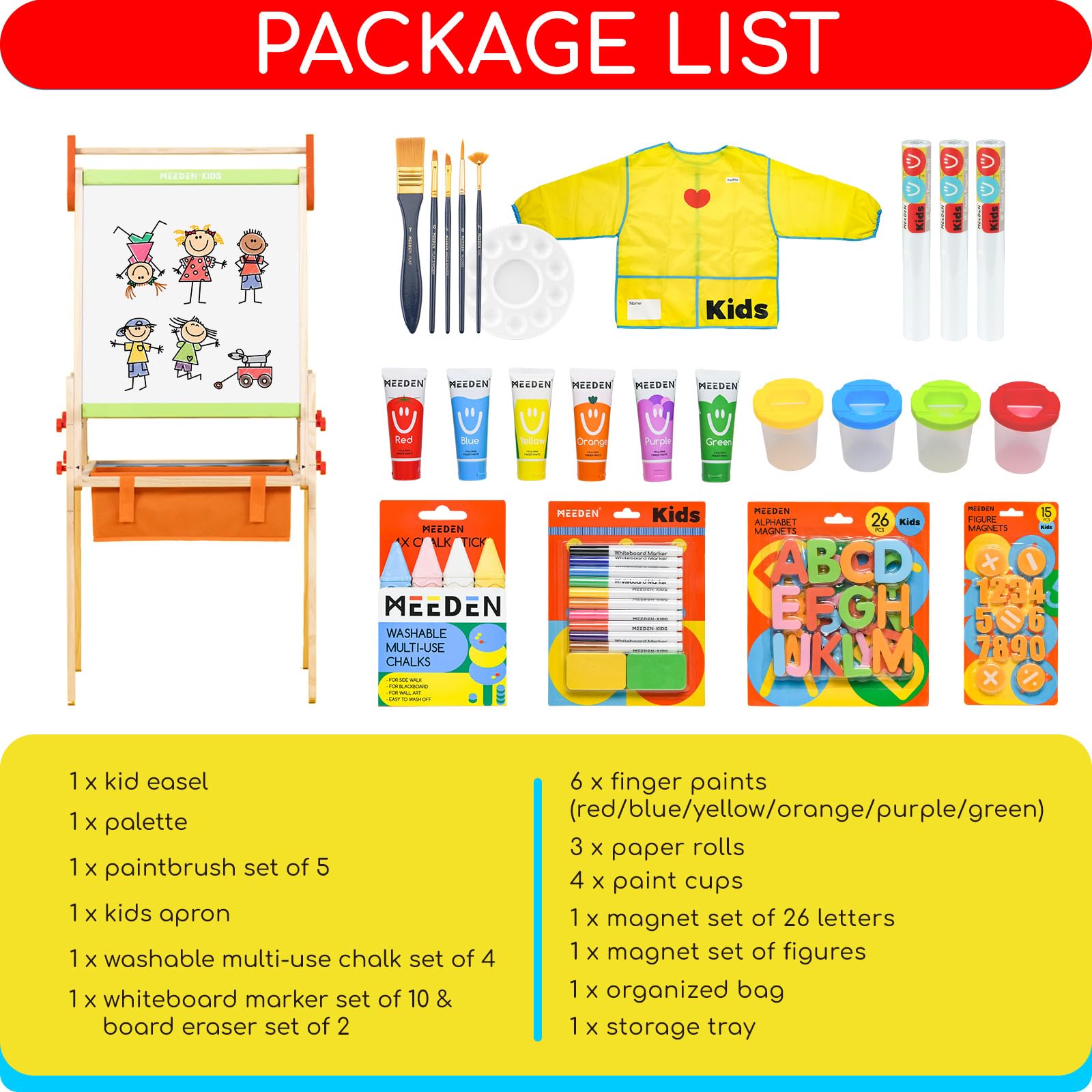 MEEDEN Easel for Kids, Double-Sided All-in-one Wooden Art Easel, Kids Art Easel Set with Paper Rolls, Magnetic Easel with Whiteboard & Chalkboard, Finger Paints, Accessories Easel for Toddlers