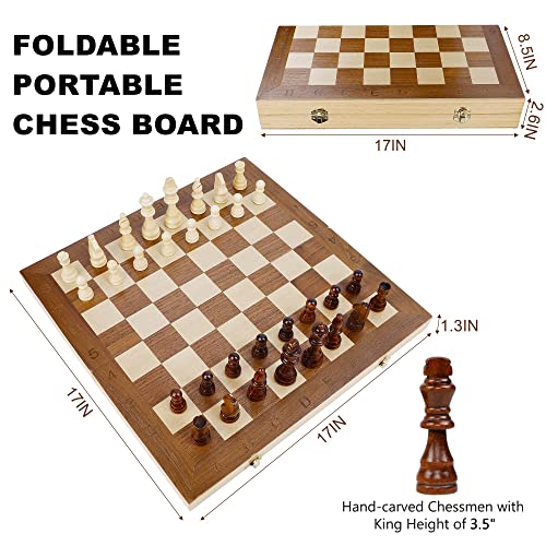 Juegoal 17" Wooden Chess & Checkers Set, 2 in 1 Board Games for Kids and Adults, with Felted Game Board Interior for Storage, Travel Portable Folding Chess Game Sets, 2 Extra Queen, 24 Checkers Pieces