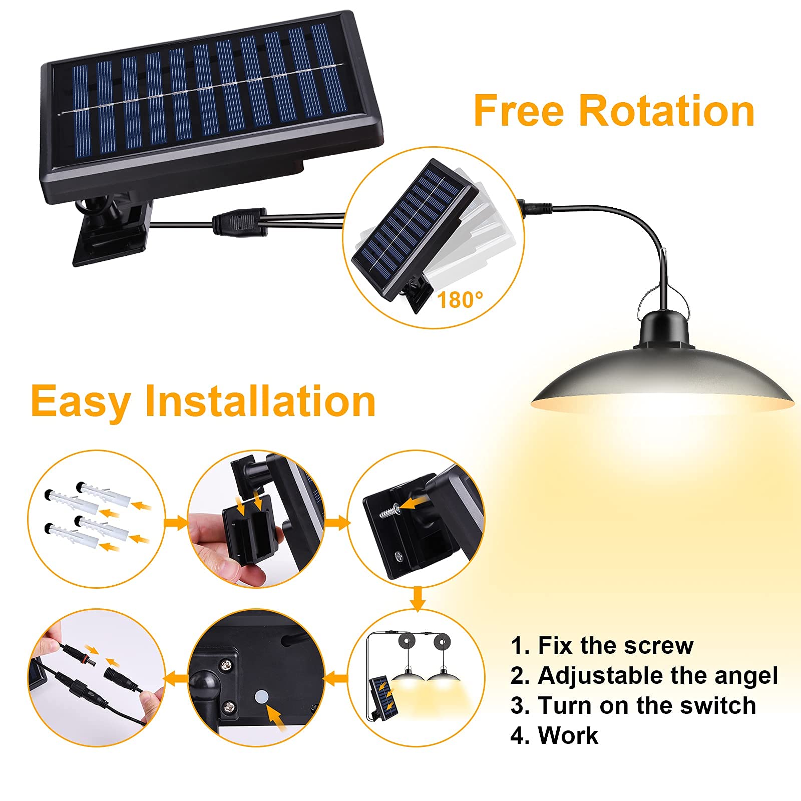 Lampelc Solar Shed Light with Remote Control, 400LM Solar Powered Pendant Light with 2Pcs 9.84ft Cable, IP65 Waterproof Solar Lights Indoor Outdoor for Garage Patio Barn Chicken Coop