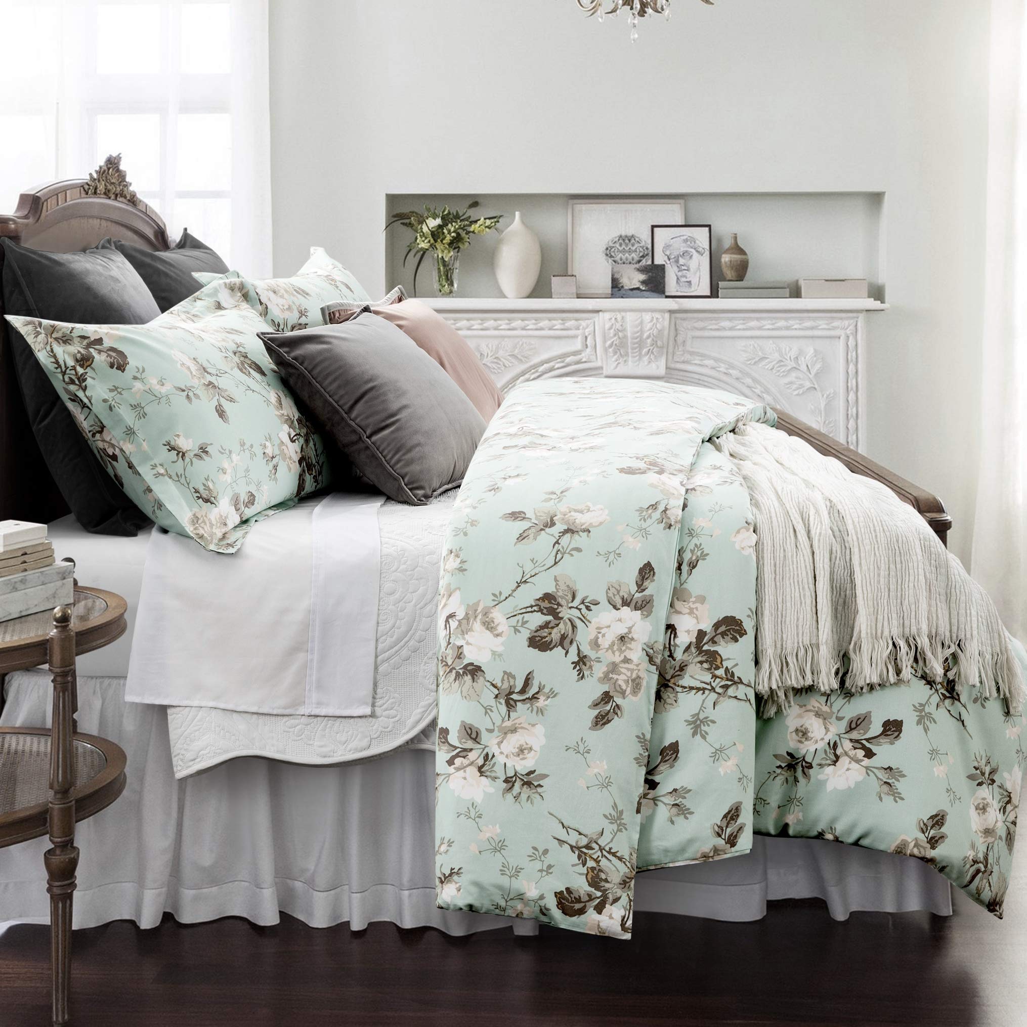 Eikei Home French Country Garden Toile Floral Printed Duvet Quilt Cover Cotton Bedding Set Asian Style Tapestry Pattern Chinoiserie Peony Blossom Tree Branches Multicolored Design (Queen, Light Blue)