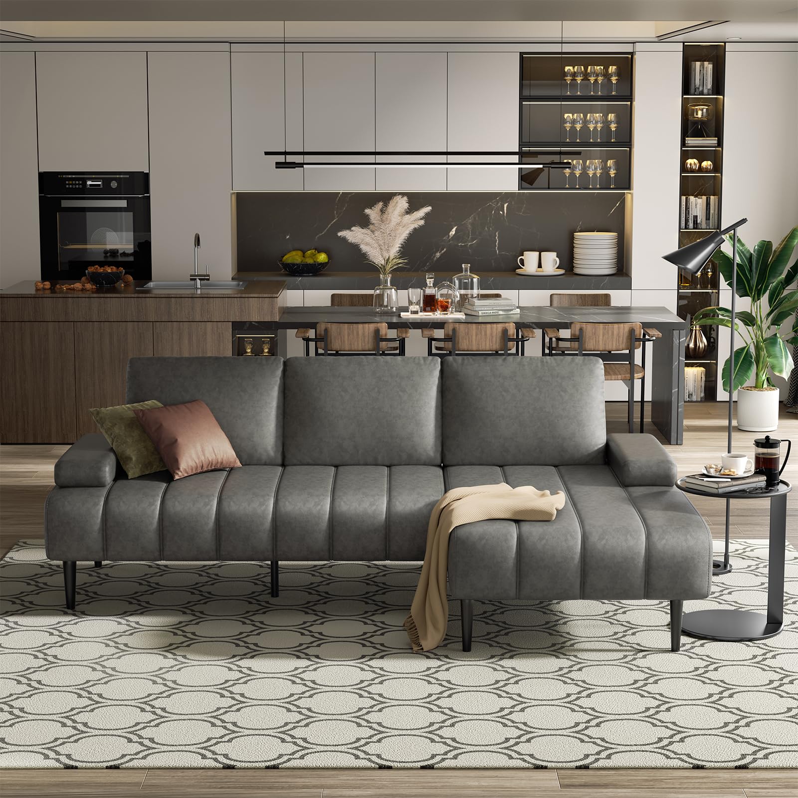 COPIAE 94.5” L Shape Sofa, Anti-scratch Faux Leather Sectional Sofa with Chaise, Oversized Cloud Couch with Removable Armrest Bags& Metal High Feet, Modern Design L Shape Couches for Living Room, Grey