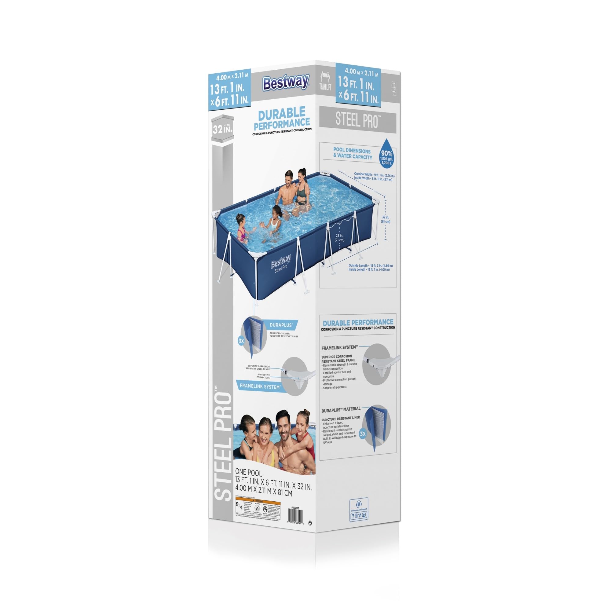 Bestway Steel Pro 13 Feet x 7 Feet x 32 Inch Rectangular Metal Frame Above Ground Outdoor Backyard Swimming Pool, Blue (Pool Only)