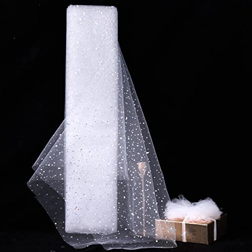 HAVII 54" x 10 Yards White Glitter Tulle Fabric Rolls Bolt Sequin Tulle Ribbon Netting Fabric for Tutu Skirts Dress Sewing DIY Crafts Birthday Wedding Party Decoration