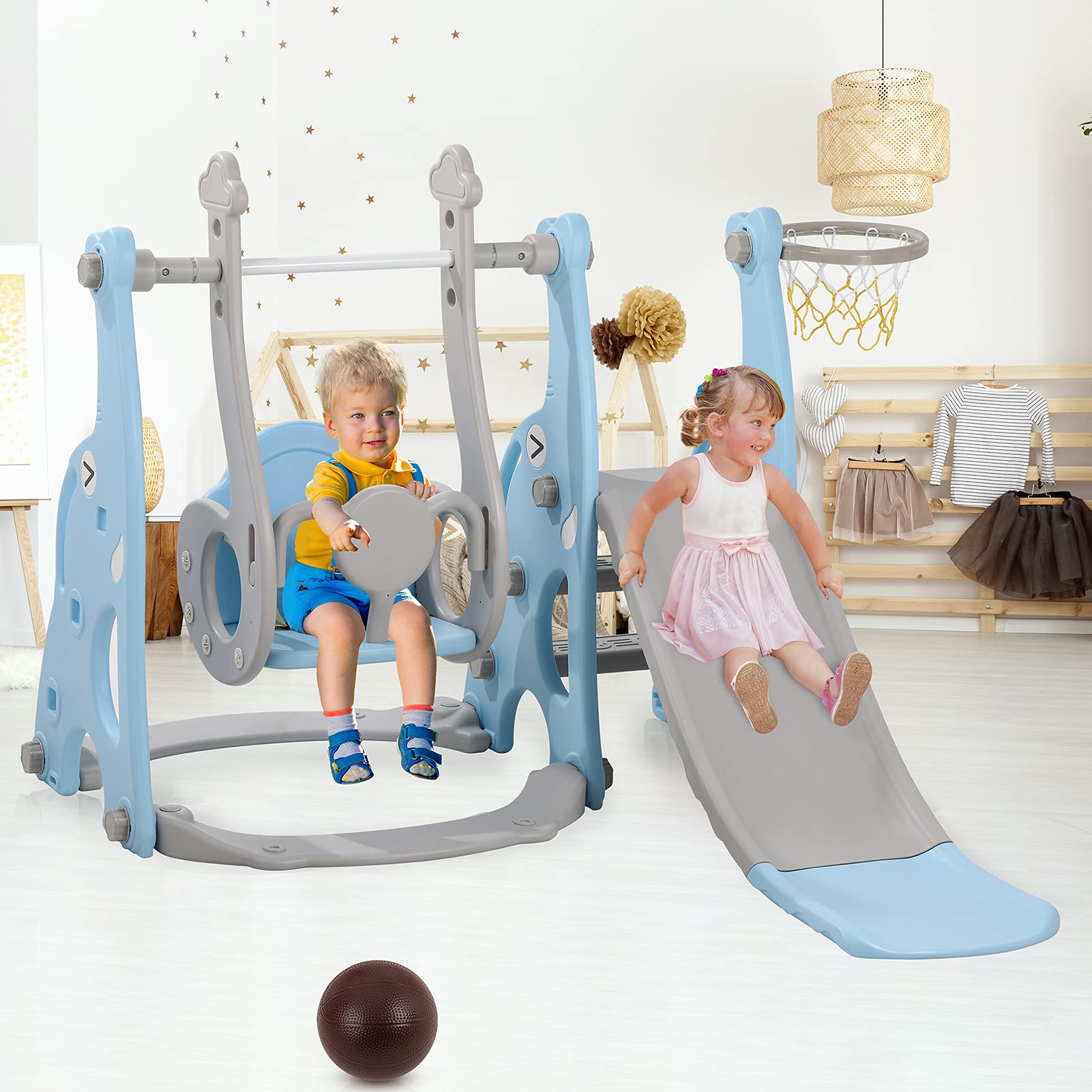 LANGYI Children's Four in One Slide Swing,with Basketball Frame and Ball Extra Long Slide,Children's That Can Be Installed at Will Indoor Outdoor Garden (Blue)