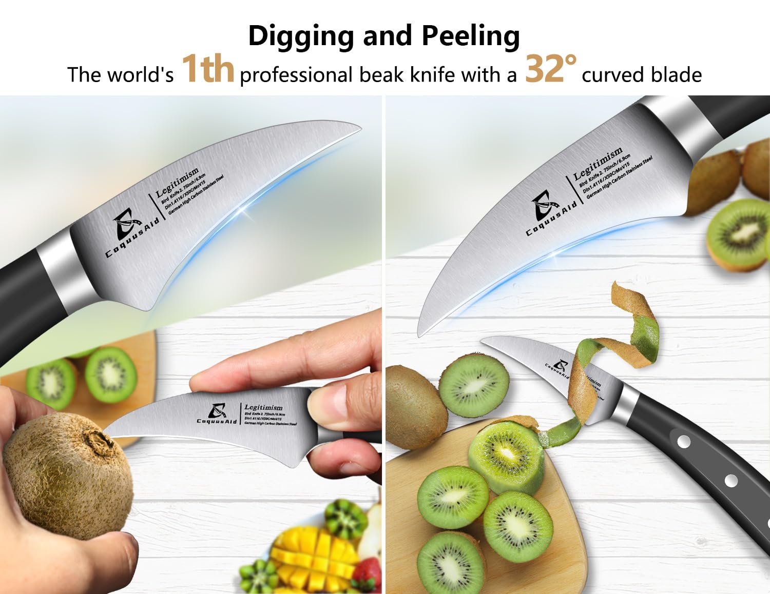 CoquusAid Paring Knife set, 2PCS small kitchen knife for fruit, 3.8 Inch Fruit knife and 2.75 inch Bird Beak peeling knife,Premium Germany Stainless Steel Ergonomic Handle,Elegant Black Ideal for Gift