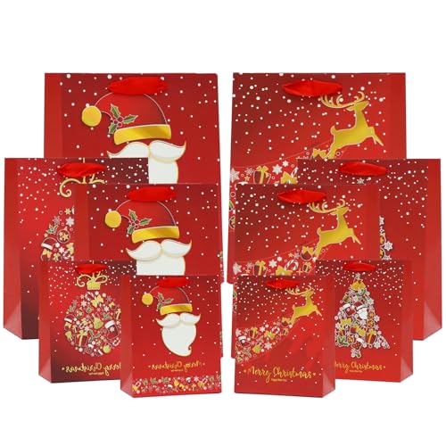 Eisyaa 10PCS Christmas Gift Bags Assorted Sizes, Paper Bags for Gift Bulk with 2 Extra Large Gift Bags, 4 Large and 4 Medium Size, Heavy Duty Red&Gold Foil Xmas gift bags (Assorted Sizes-10PCS)