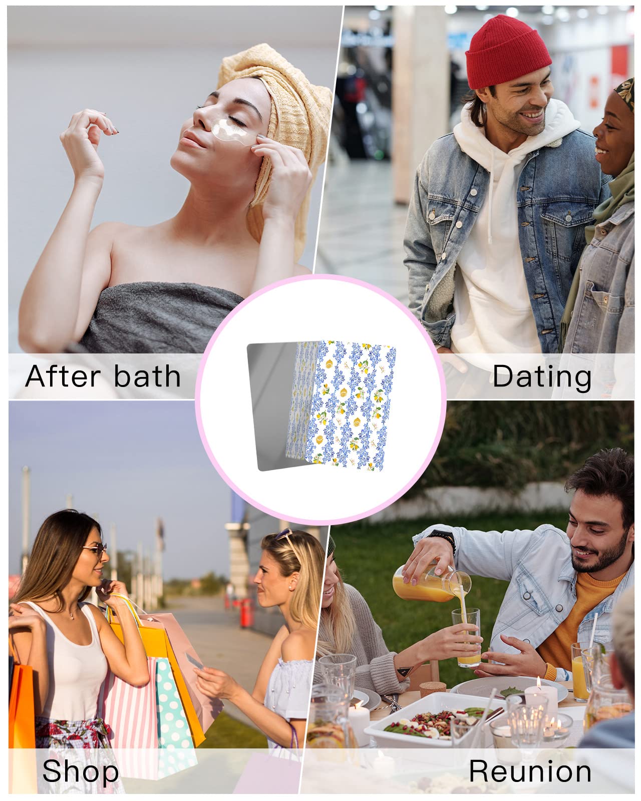 Carosoffe Summer Lemon Small Compact Mirror for Purse, Blue Leaves Flower Botanical Travel Makeup Mirror for Women Men, Rectangular Handheld Compact Pocket Mirror 4 PCS