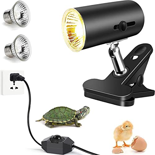 KABASI Reptile Heat Lamp Fixture with 2 Bulbs, UVA + UVB Full Spectrum Sun Lamp with 360°Rotatable Clips and Dimmable Switch, Basking Spot Heating Light Lamp for Lizard Turtle Snake Amphibian, 25W+50W