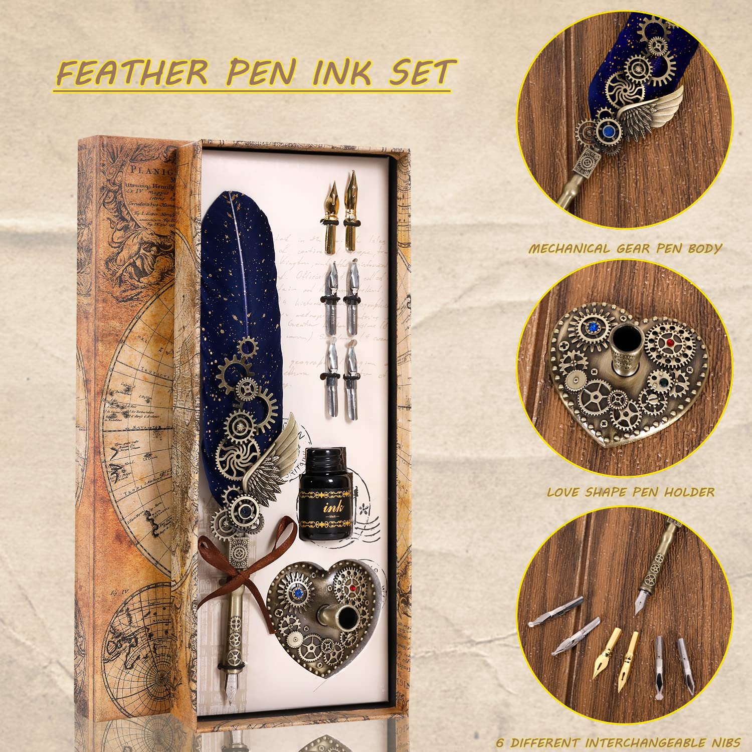 CALIYO Antique Quill Pen Ink Set, Feather Pen Calligraphy Pen Set, Mechanical Wing Quill Pen with Mechanical Exquisite Pen Holder, 6 Calligraphy Nibs, Suitable for Calligraphy Lovers(Blue Quill Pen)