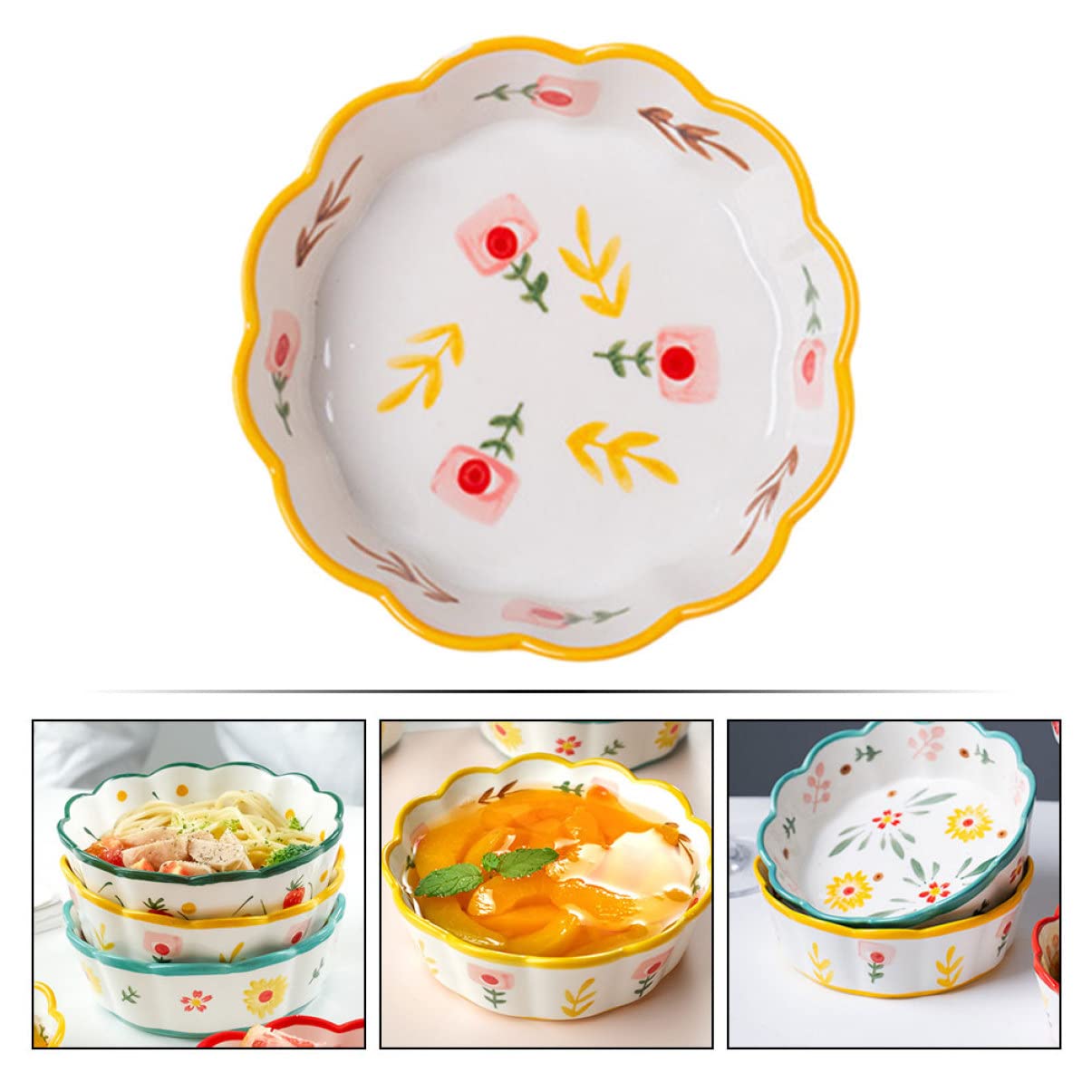 BESTonZON Yellow Mixing Cups Fruits Center Dip Dishwasher Microwave Baking Pattern Kids Kitchen Ramen Bakeware Fruit Floral Wedding Decorative Vegetables Pasta Snack Poorn Candy Oven Side