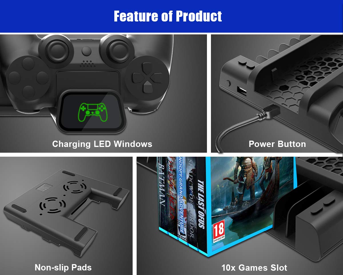 ElecGear PlayStation 4 Vertical Stand and Cooling Fan, Dual Charging Station for DualShock 4 Controller Charger Dock with 4X Mini Dongle, 10x Games Storage Bracket for PS4, PS4 Pro and PS4 Slim