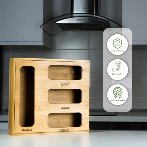 KABOORA Storage Bag Organizer - for Wall Mount & Kitchen Drawers - Compatible w/Most Ziplock Brands & Sizes - Gallon Quart Sandwich Snack Baggie - Hefty Ziploc Solimo Glad Variety - Slider Dispenserā¦
