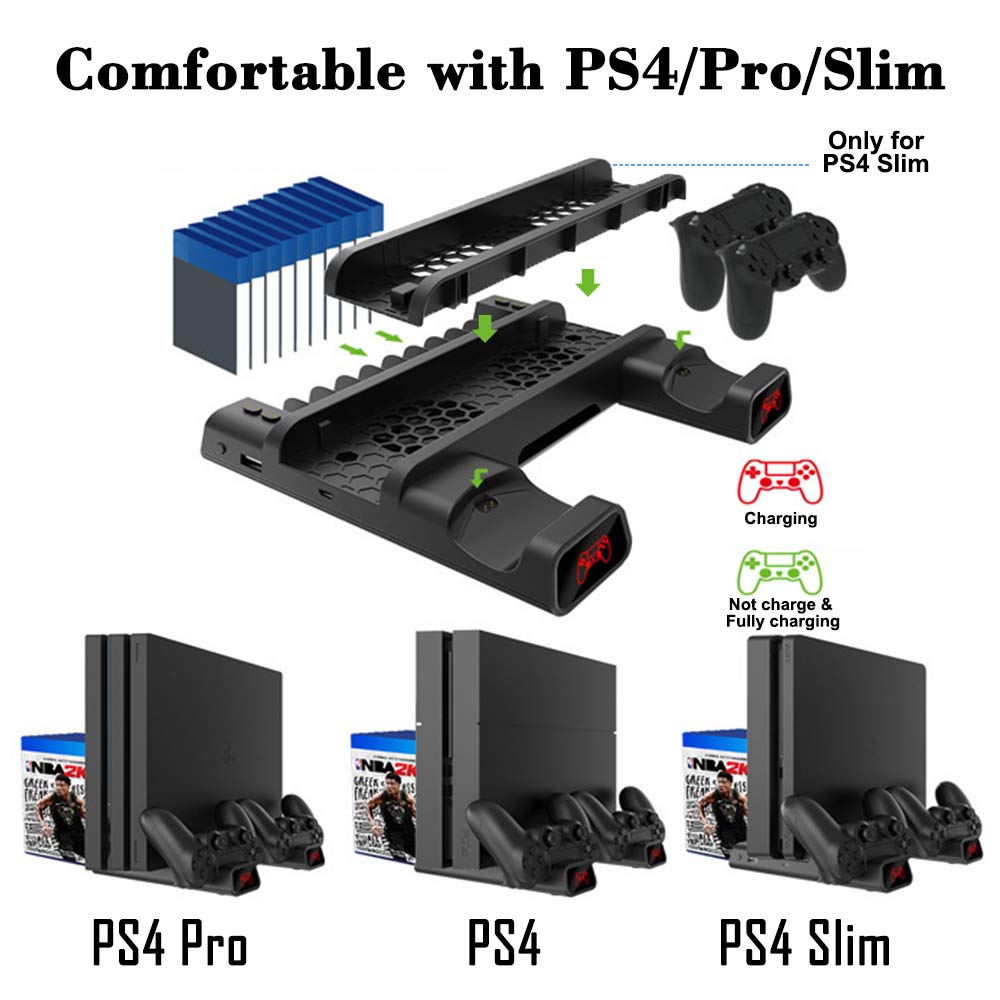 Megadream Cooling Fan Stand for PS4, Dual Controller Charge Station for PS4 Slim/PS4 Pro/Playstation 4, Multifunctional Vertical Cooling Stand with LED Indicator, 10PCS Games Storage, 4 Usb Connectors