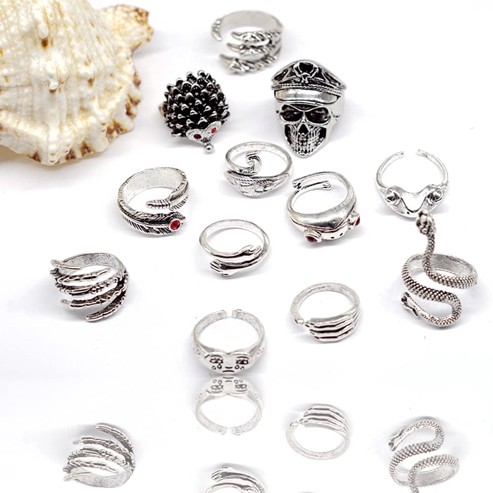 ASHMITA 12 PCS Silver Frog Ring Set Cute Animal Adjustable Rings Vintage Pairing Ring Snake, Hug, Lucky Face Eagle Claw Ring Gifts for Women Men