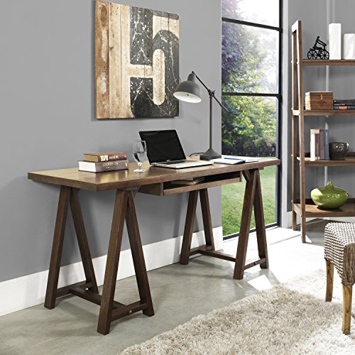 SIMPLIHOME Sawhorse SOLID WOOD Modern Industrial 60 inch Wide Home Office Desk, Writing Table, Workstation, Study Table Furniture in Medium Saddle Brown