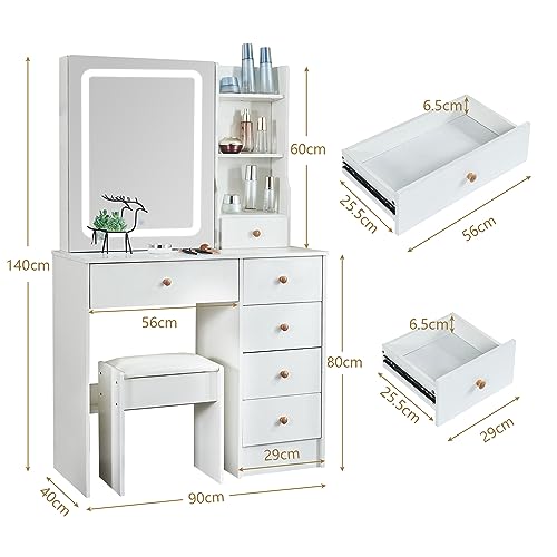 JBLCC Vanity Desk with Mirror and Lights,Makeup Vanity with Sliding Mirror, Makeup Table Set with Storage Shelves, Drawers, Modern Vanity Table for Bedroom (62706led)
