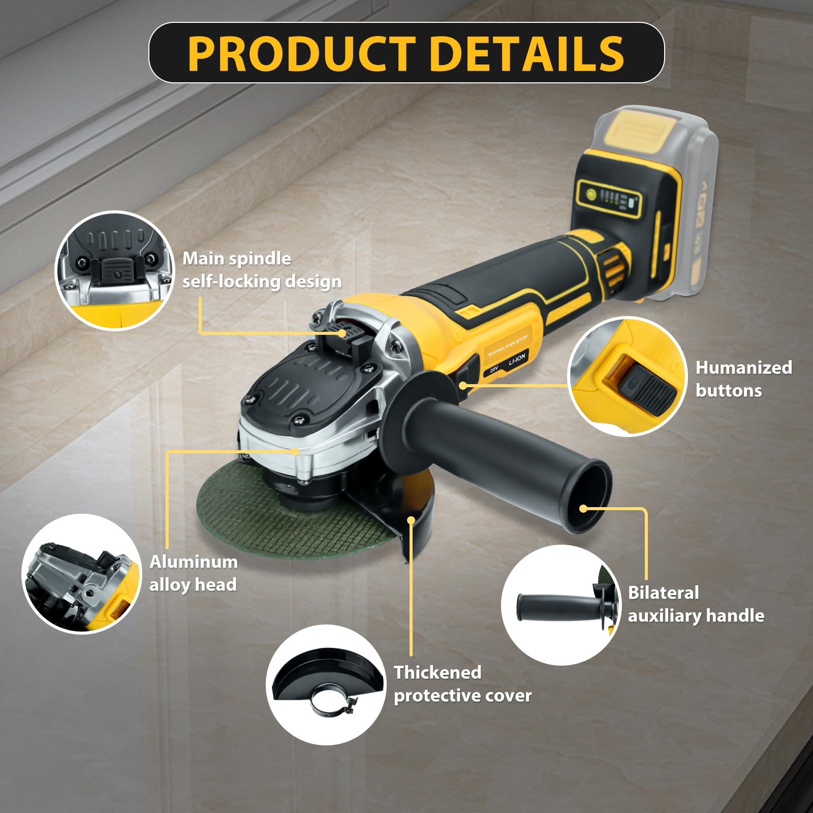 Cordless Angle Grinder for De-walt 20v Li-ion Battery,6600RPM Brushless Grinder Tool,4 Variable Speeds,4.9’’ power angle grinders 500W Grinders,for Cutting,Rust removal,Polishing and Burnishing.