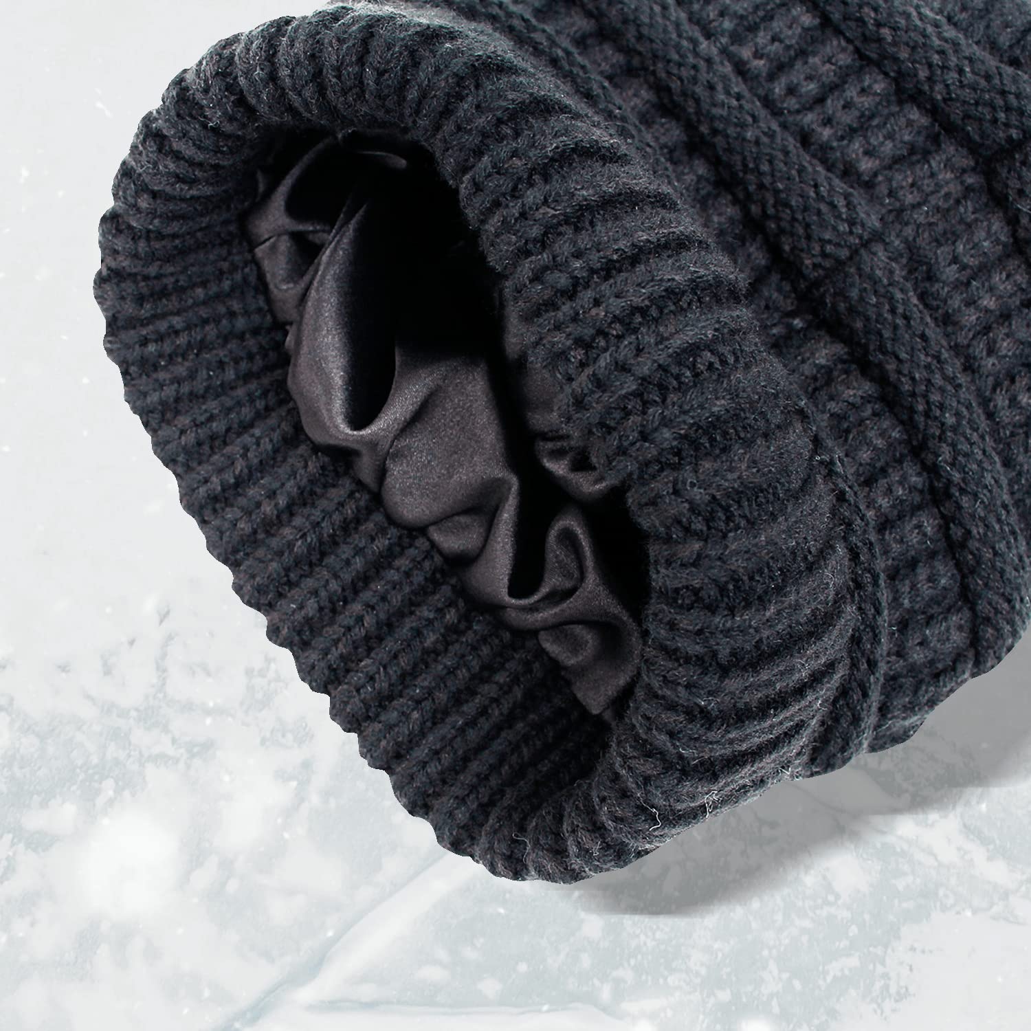 BELTONI Winter Cable Knit Beanie, Warm and Soft Hat Cap for Women, Frizz-Free with Satin Lining Black